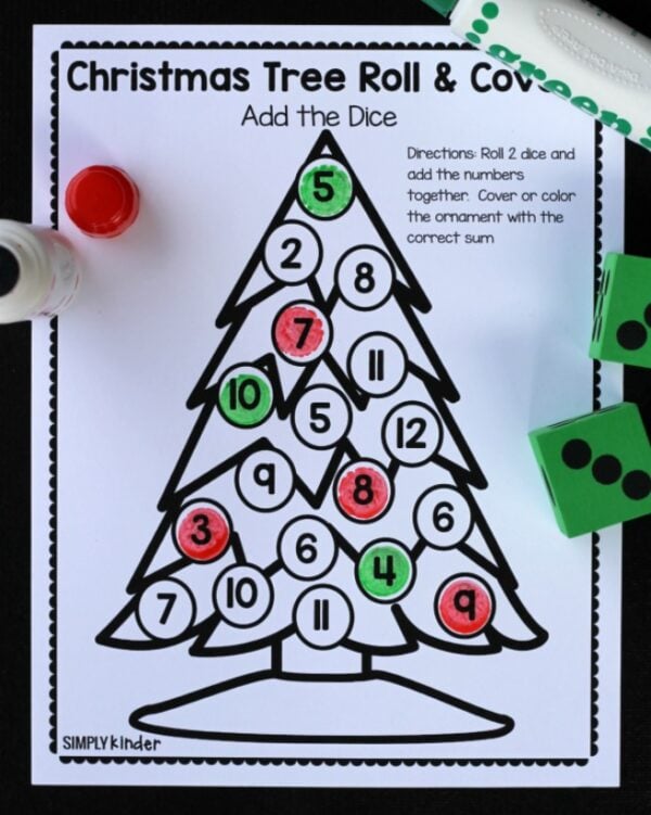 Christmas Tree Roll & Cover Christmas Math Games - Simply Kinder