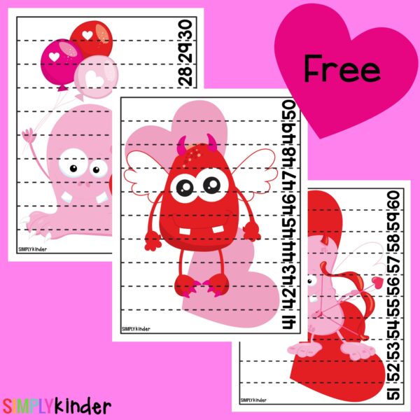 Valentine Monster Counting Strip Puzzles for math centers