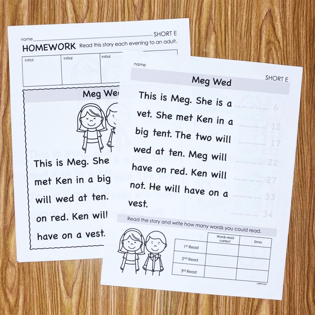 Short E Fluency Passages Kindergarten - Simply Kinder