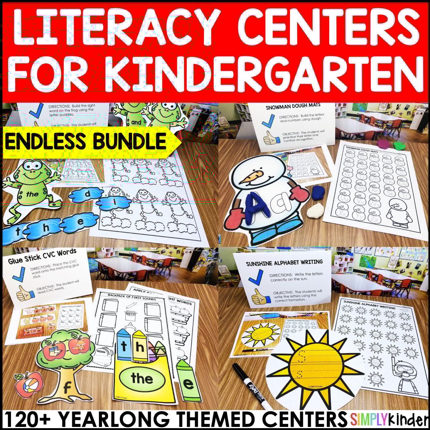 Kindergarten Literacy Centers-Themed Fall, Winter, Spring, Summer ...