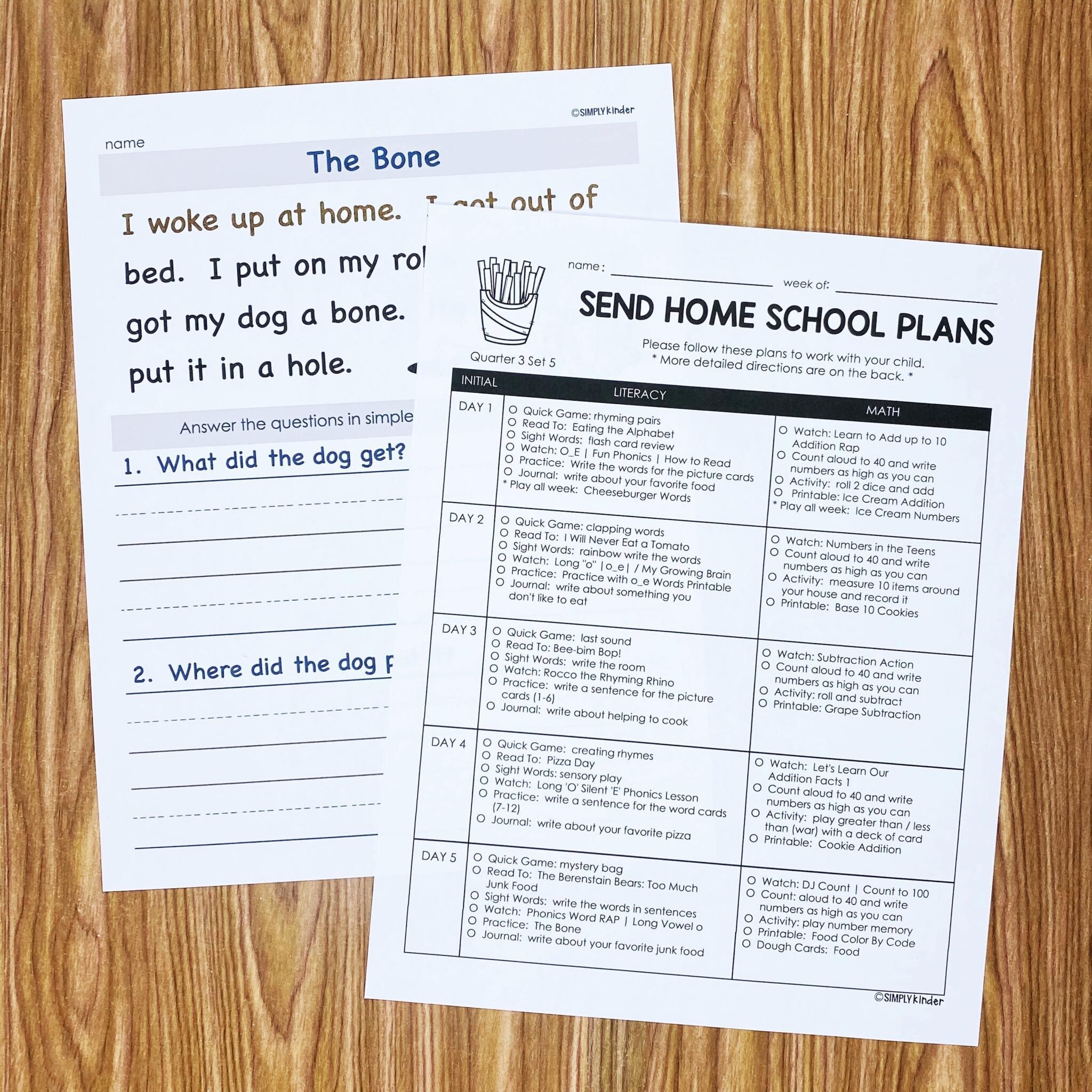 Send Home Sub Plan Kinder 3rd Quarter Weeks 4-6 - Simply Kinder