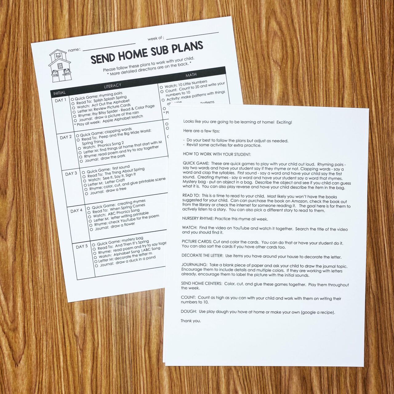 SEND HOME SUB PLANS – PRESCHOOL SET 1 (2 WEEKS) - Simply Kinder