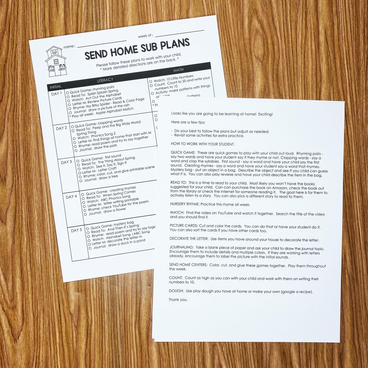 SEND HOME SUB PLANS – PRESCHOOL SET 1 (2 WEEKS) - Simply Kinder