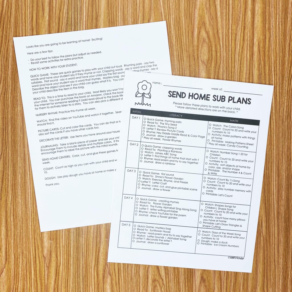 Send Home Sub Plans PRESCHOOL Set 2 : 2 Full Editable Weeks - Simply Kinder