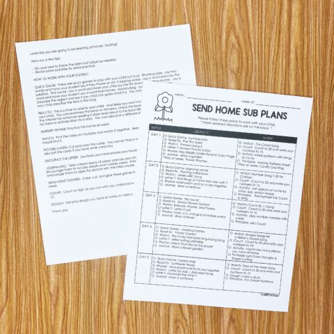 Send Home Sub Plans PRESCHOOL Set 2 : 2 Full Editable Weeks - Simply Kinder