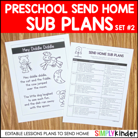 Send Home Sub Plans PRESCHOOL Set 2 : 2 Full Editable Weeks - Simply Kinder
