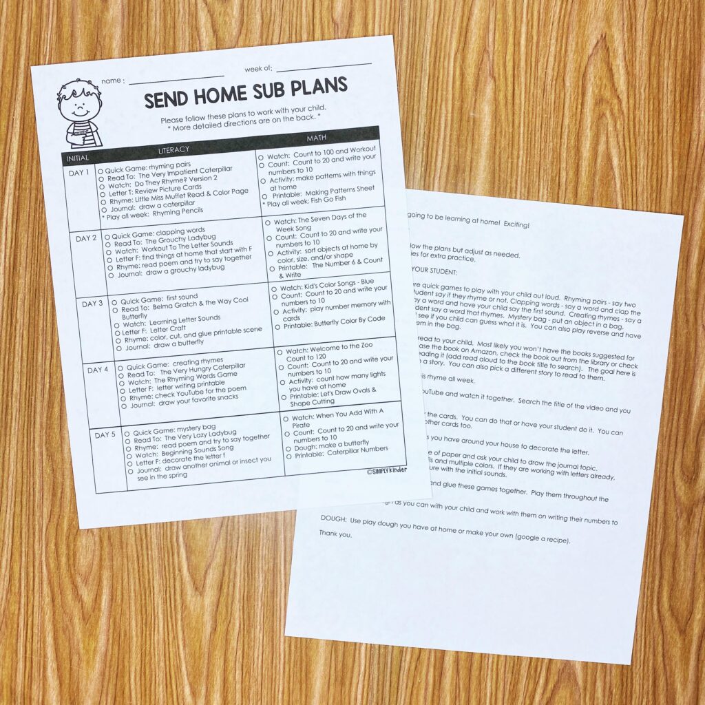 Send Home Sub Plans PRESCHOOL Set 3 (Editable) - Simply Kinder