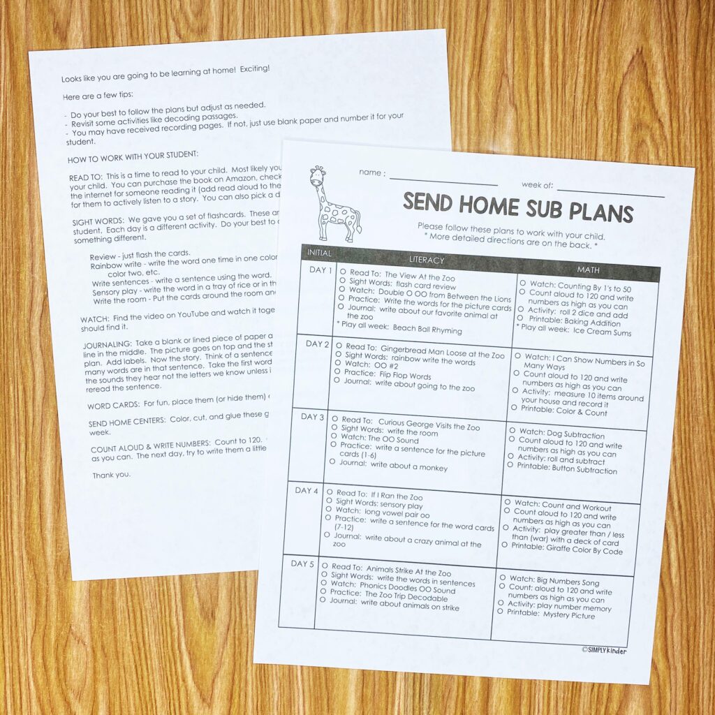 Send Home Sub Plans Kinder Set 7 - Simply Kinder