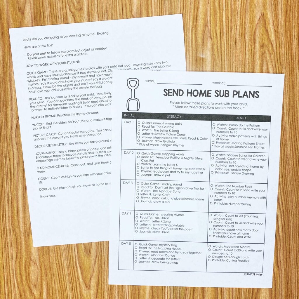 Send Home Sub Plans Preschool Set 5 - Simply Kinder