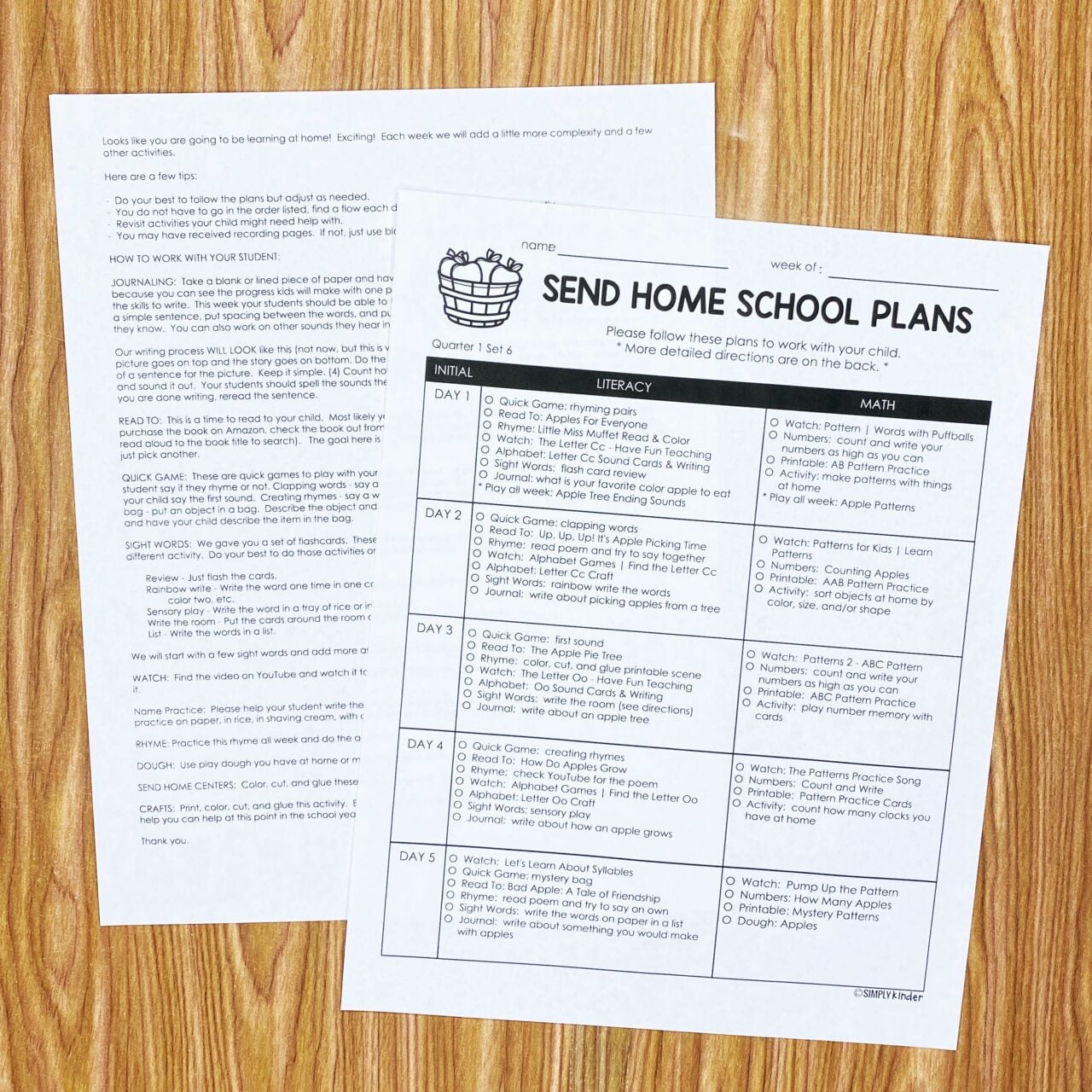 Send Home Sub Plan Kinder 1st Quarter Sets 4-6 - Simply Kinder