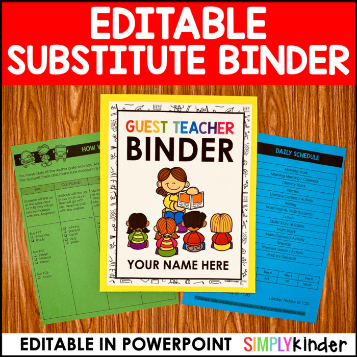 Editable Sub Binder, Substitute Binder for Kindergarten & First Grade ...
