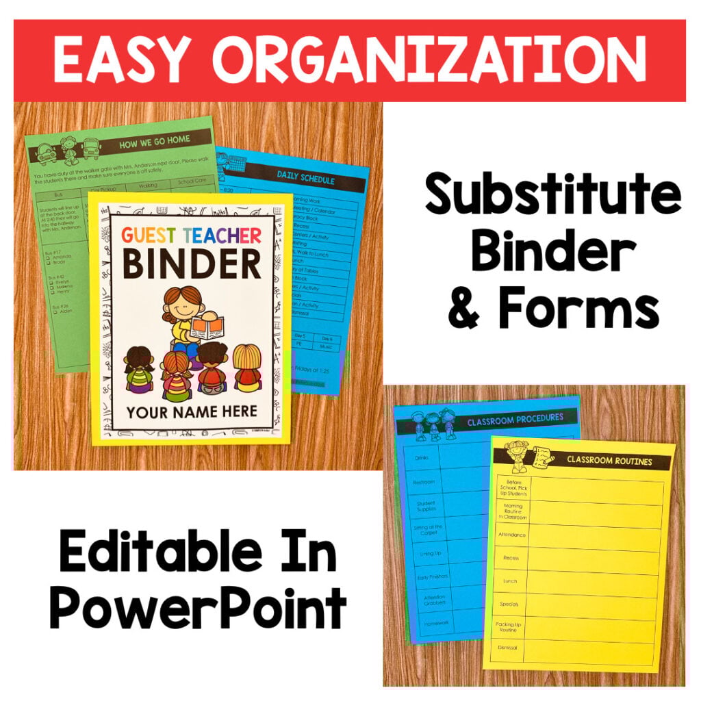 Editable Sub Binder, Substitute Binder for Kindergarten & First Grade ...