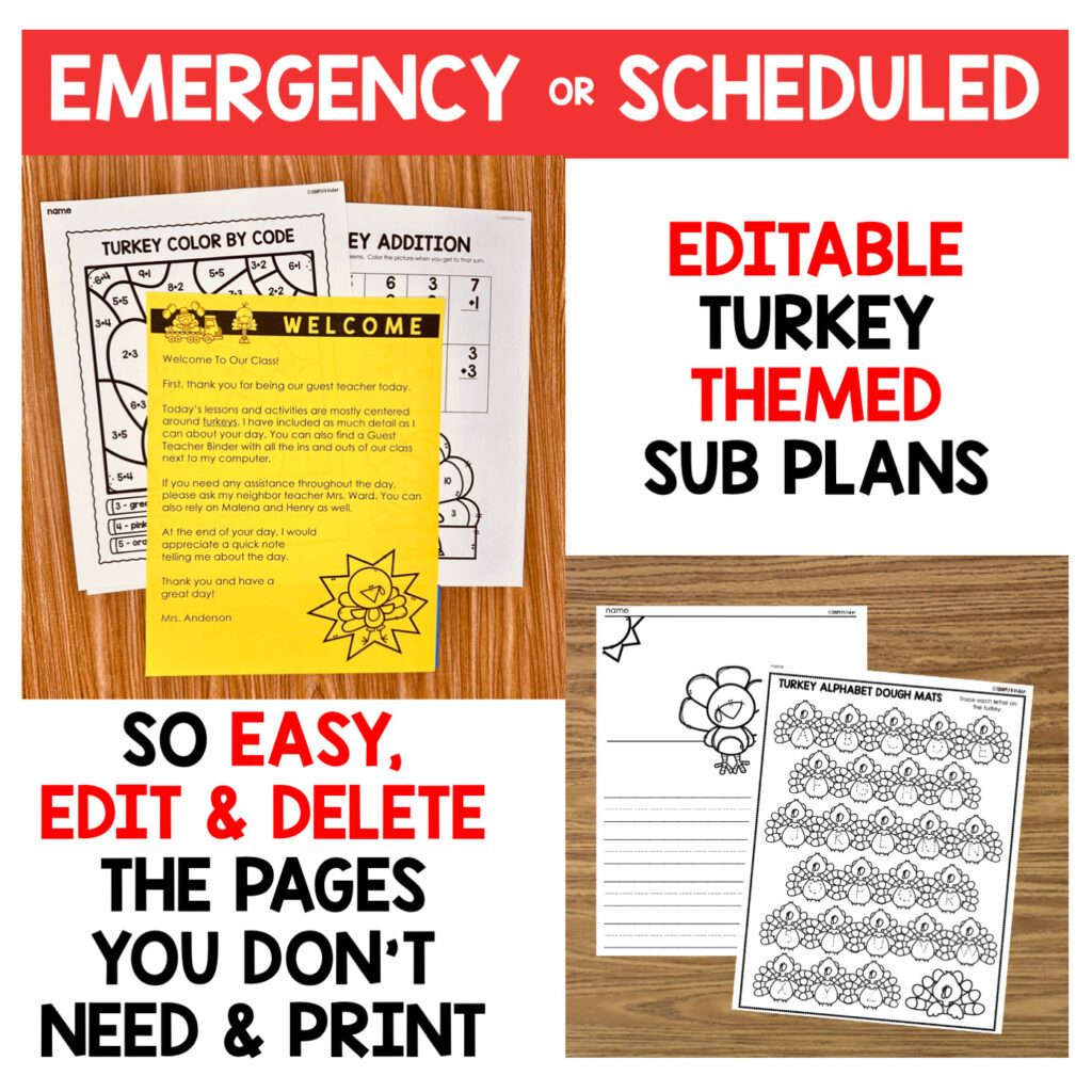 [Look For Bundle] Turkey Themed Editable Emergency Sub Plans ...