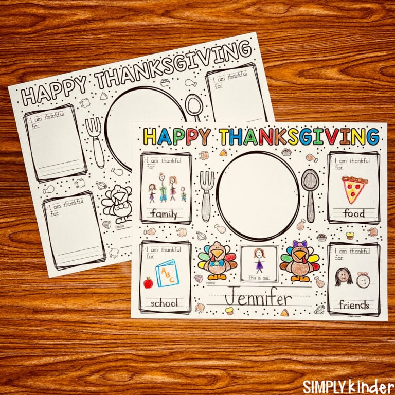 Thanksgiving Placemats Free Printable for Kindergarten - Simply Kinder