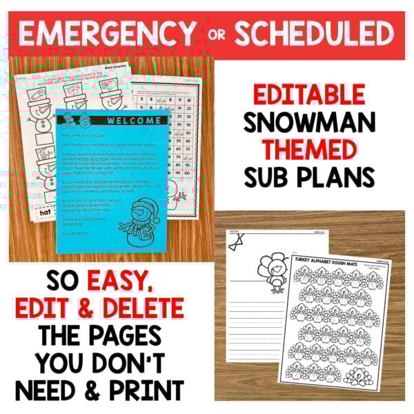 Snowman No-Prep Activities, Editable Emergency Sub Plans, Snow Day ...