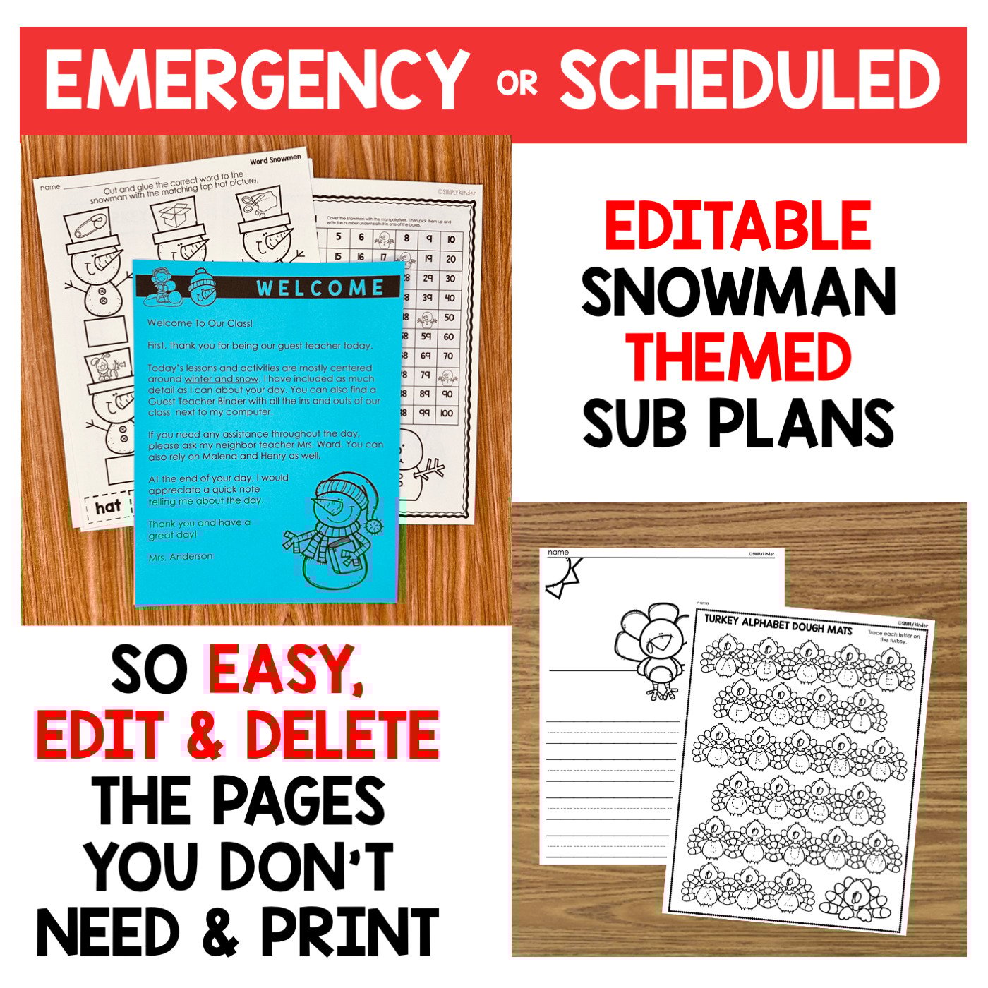 Snowman No-Prep Activities, Editable Emergency Sub Plans, Snow Day ...