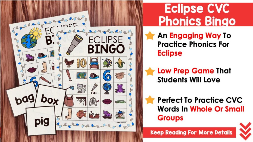 Eclipse Activity, Phonics Bingo, No-Prep CVC Decodable Game - Simply Kinder