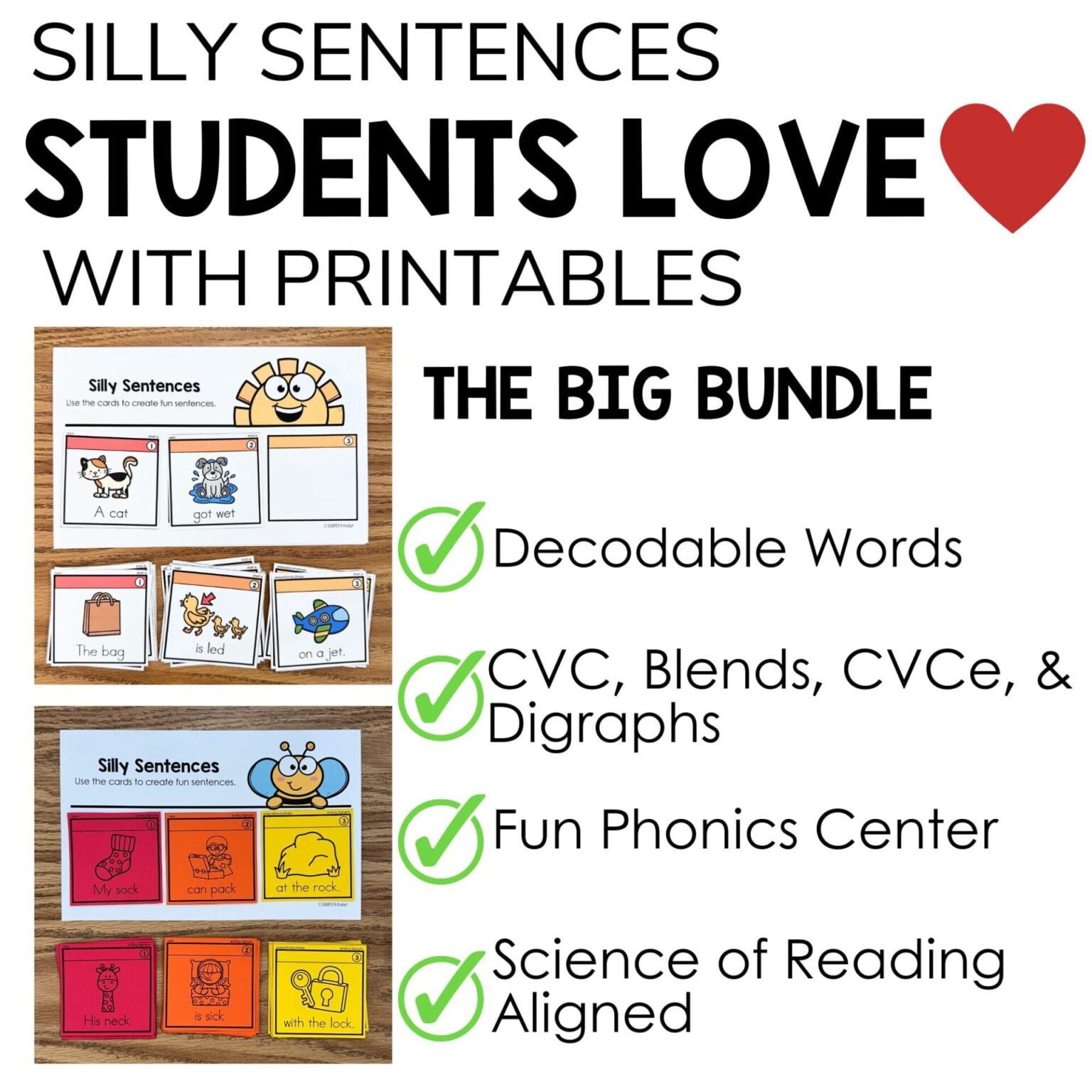 BUNDLE Silly Sentences Decodable Writing Word Practice Center for ...
