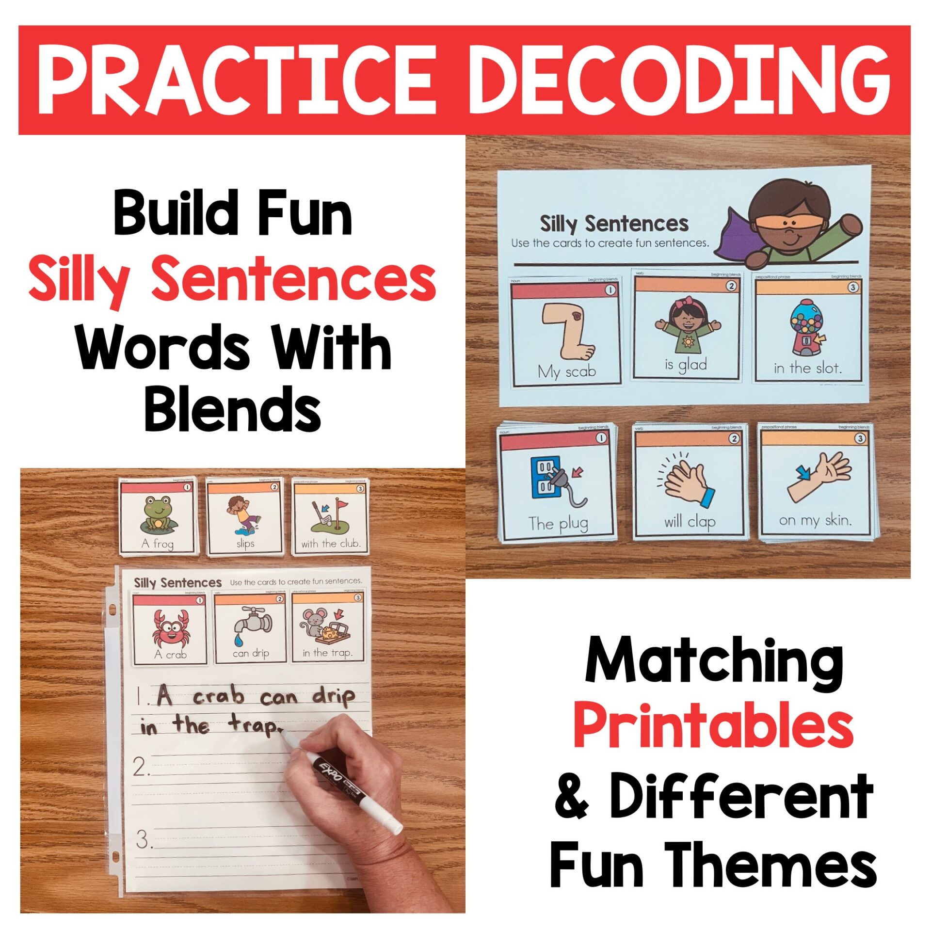 Silly Sentences Blends Decodable Writing Word Practice Center for ...