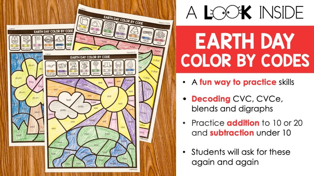 Earth Day Color by Code Activities, CVC, CVCe, Addition, Subtraction ...