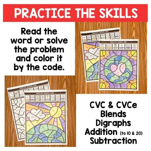 Earth Day Color by Code Activities, CVC, CVCe, Addition, Subtraction ...