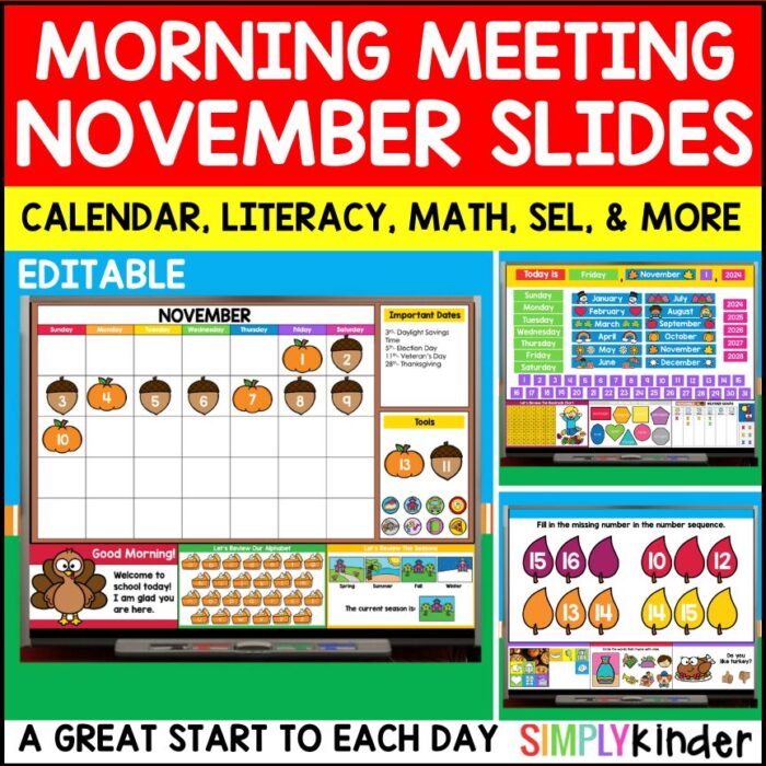 November Morning Meeting Slides for Kindergarten, Editable Daily ...