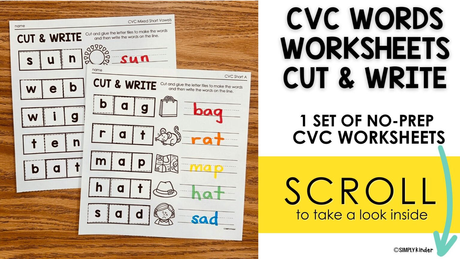 CVC Words No-Prep Cut & Write Worksheets Kindergarten, Morning Work ...