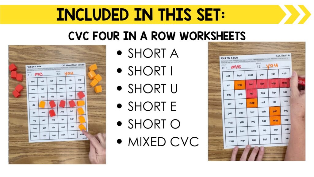 CVC Words No-Prep Four in a Row Worksheets Kindergarten, Morning Work ...