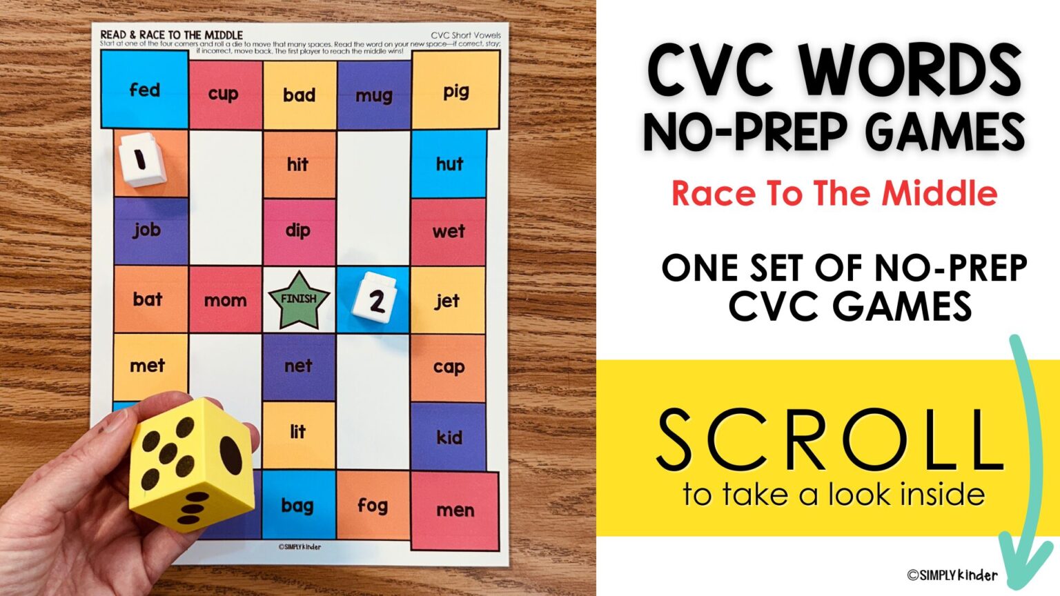 CVC Words Games No-Prep Race To The Middle - Simply Kinder