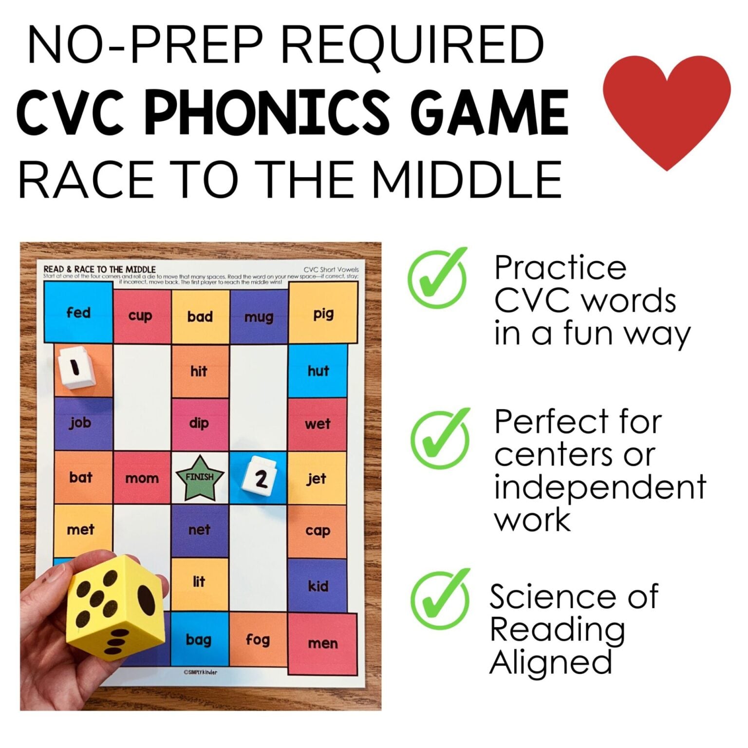 CVC Words Games No-Prep Race To The Middle - Simply Kinder
