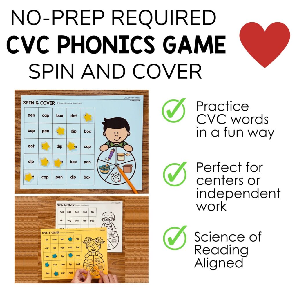CVC Words Games No-Prep Spin And Cover - Simply Kinder
