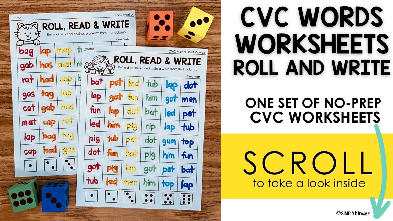 CVC Words Roll and Write Worksheets Kindergarten, Morning Work, Centers ...