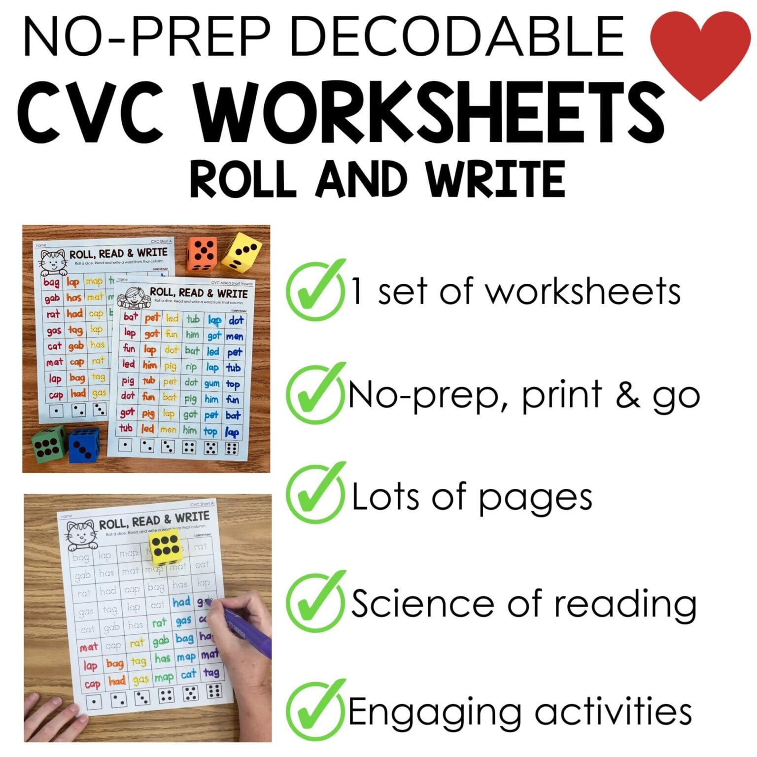 CVC Words Roll and Write Worksheets Kindergarten, Morning Work, Centers ...