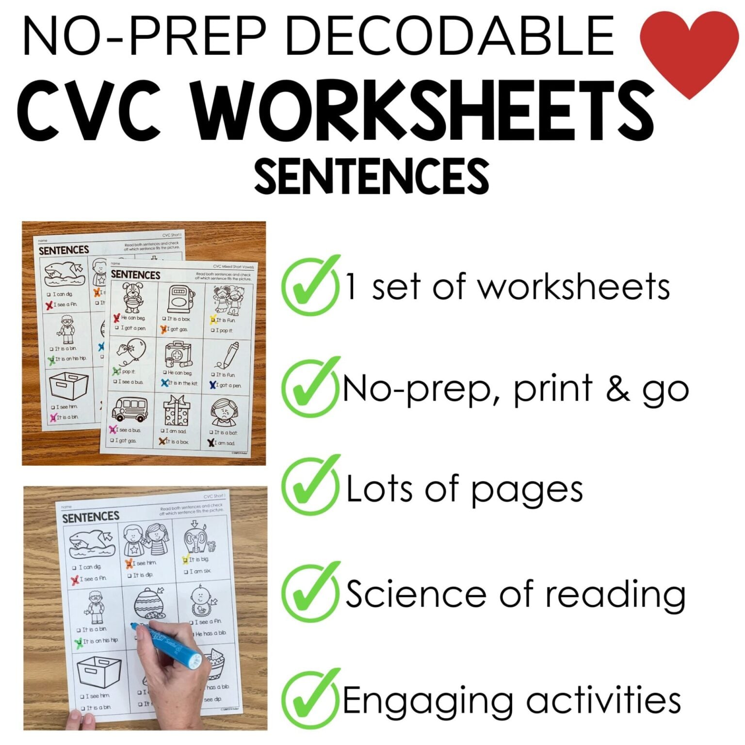 CVC Sentence Worksheets Kindergarten, Morning Work, Centers - Simply Kinder