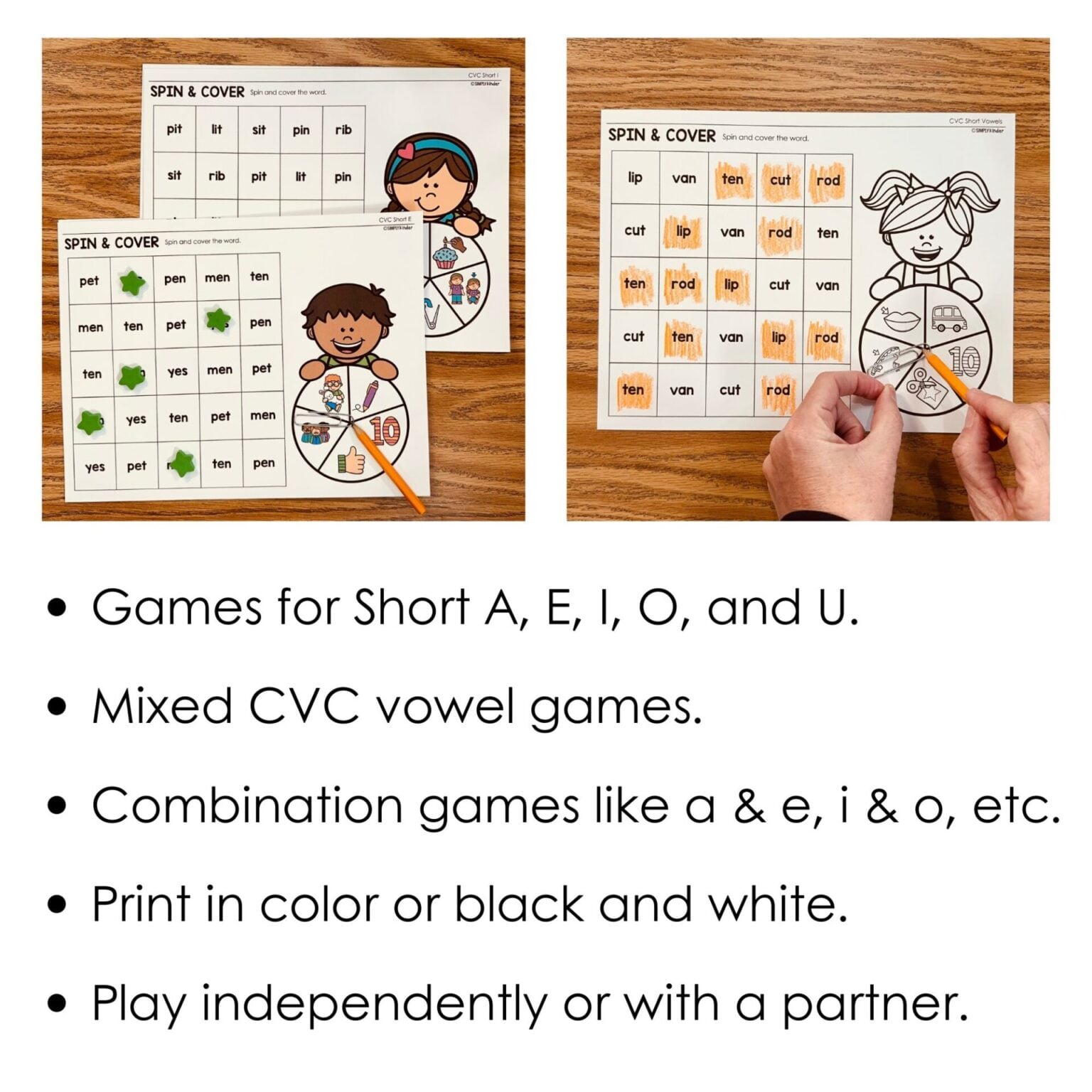 CVC Words Games No-Prep Spin And Cover - Simply Kinder