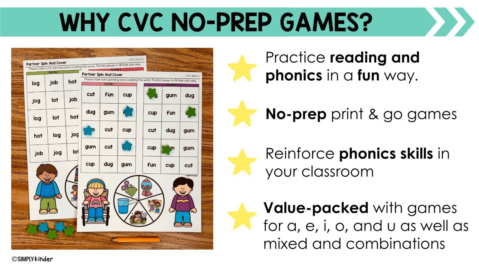 CVC Words Games No-Prep Partner Spin And Cover - Simply Kinder