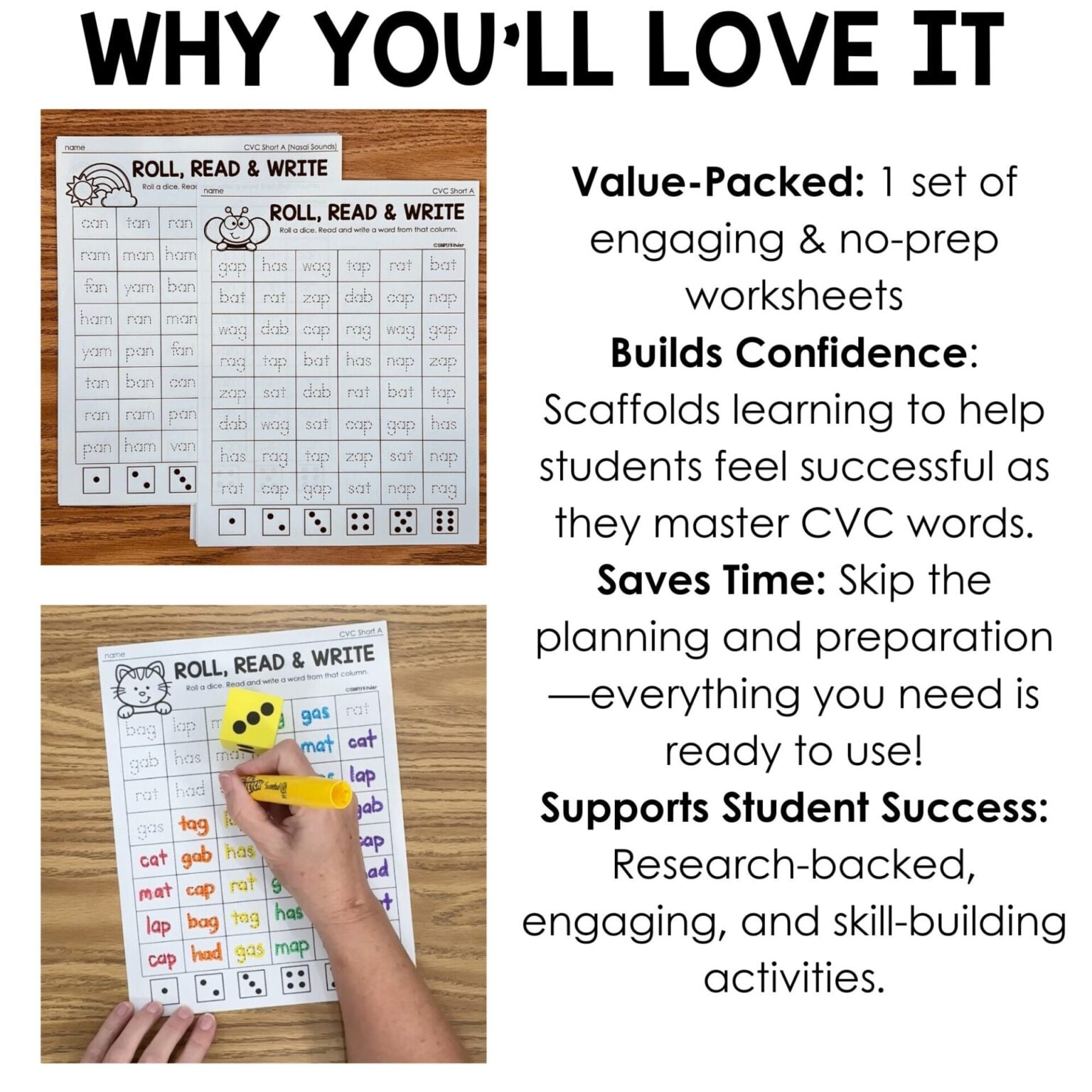 CVC Words Roll and Write Worksheets Kindergarten, Morning Work, Centers ...