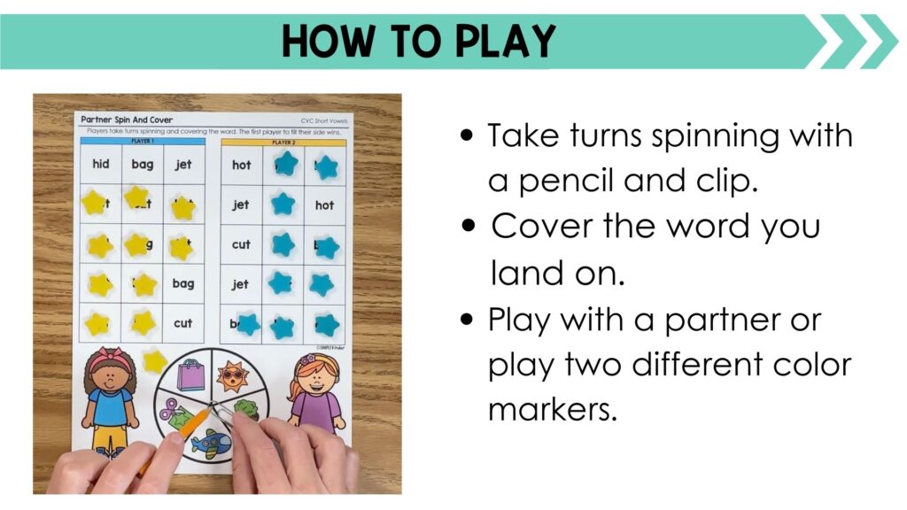 CVC Words Games No-Prep Partner Spin And Cover - Simply Kinder