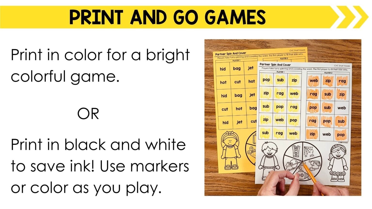 CVC Words Games No-Prep Partner Spin And Cover - Simply Kinder