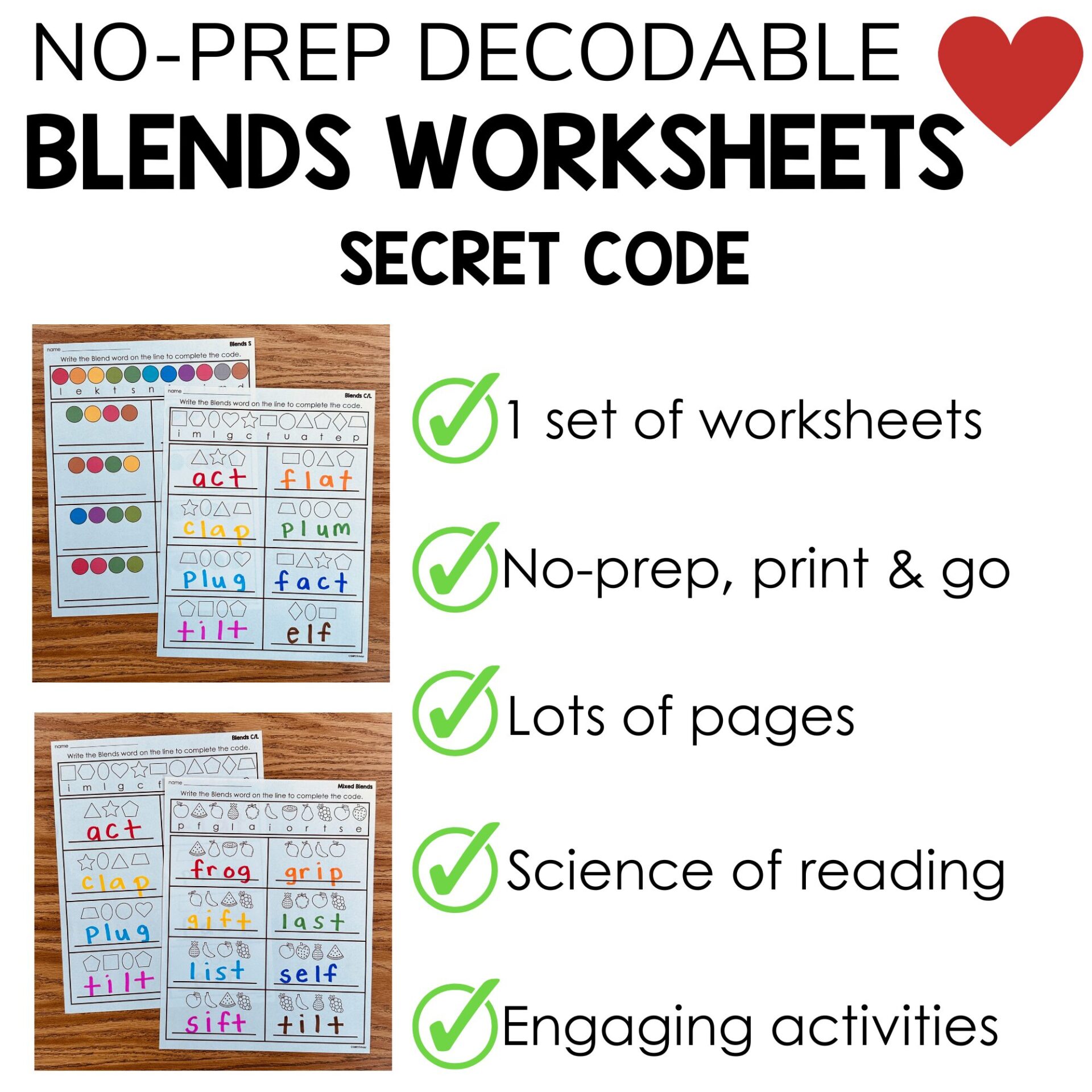 Blend Words Secret Code No-Prep Blends Worksheets for Kindergarten ...