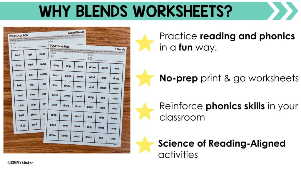 Blend Words Four in a Row No-Prep Blends Worksheets for Kindergarten ...