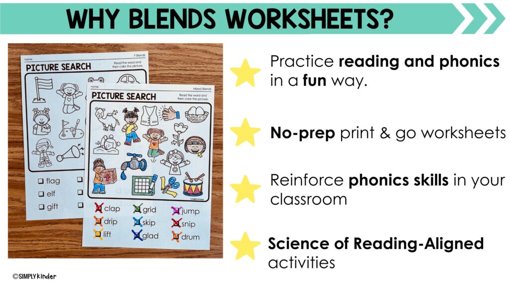 Blend Words Picture Searches No-Prep Blends Worksheets Kindergarten ...