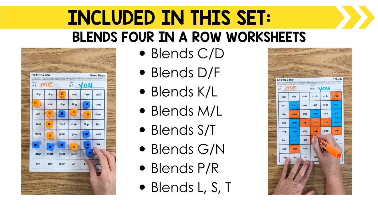 Blend Words Four in a Row No-Prep Blends Worksheets for Kindergarten ...
