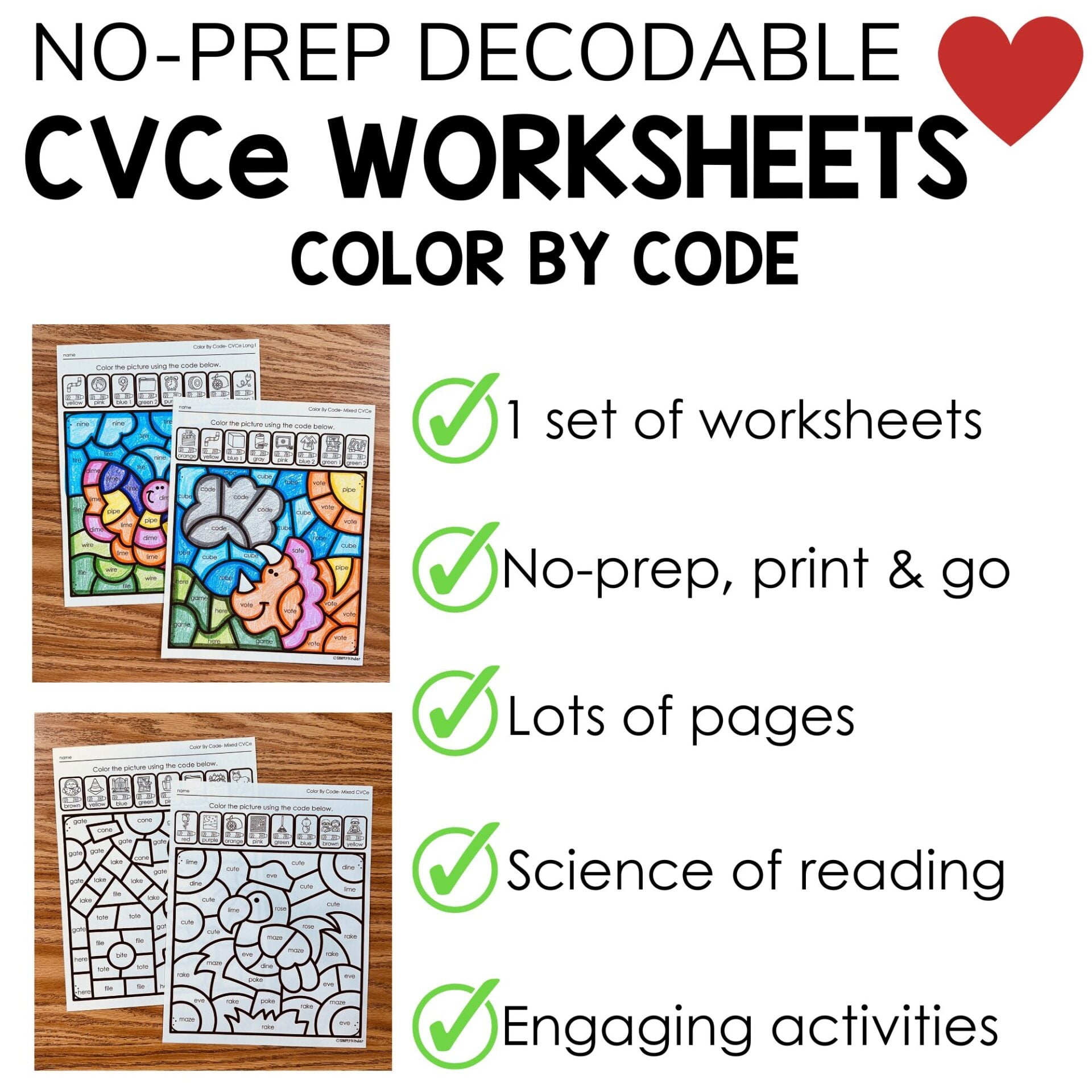 CVCe Words Color by Code No-Prep Blends Worksheets Kindergarten ...
