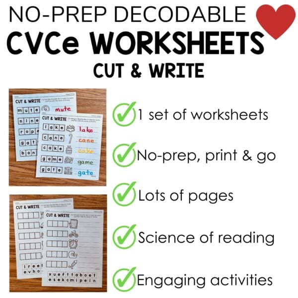 CVCe Words Cut & Write No-Prep Blends Worksheets Kindergarten - Simply ...