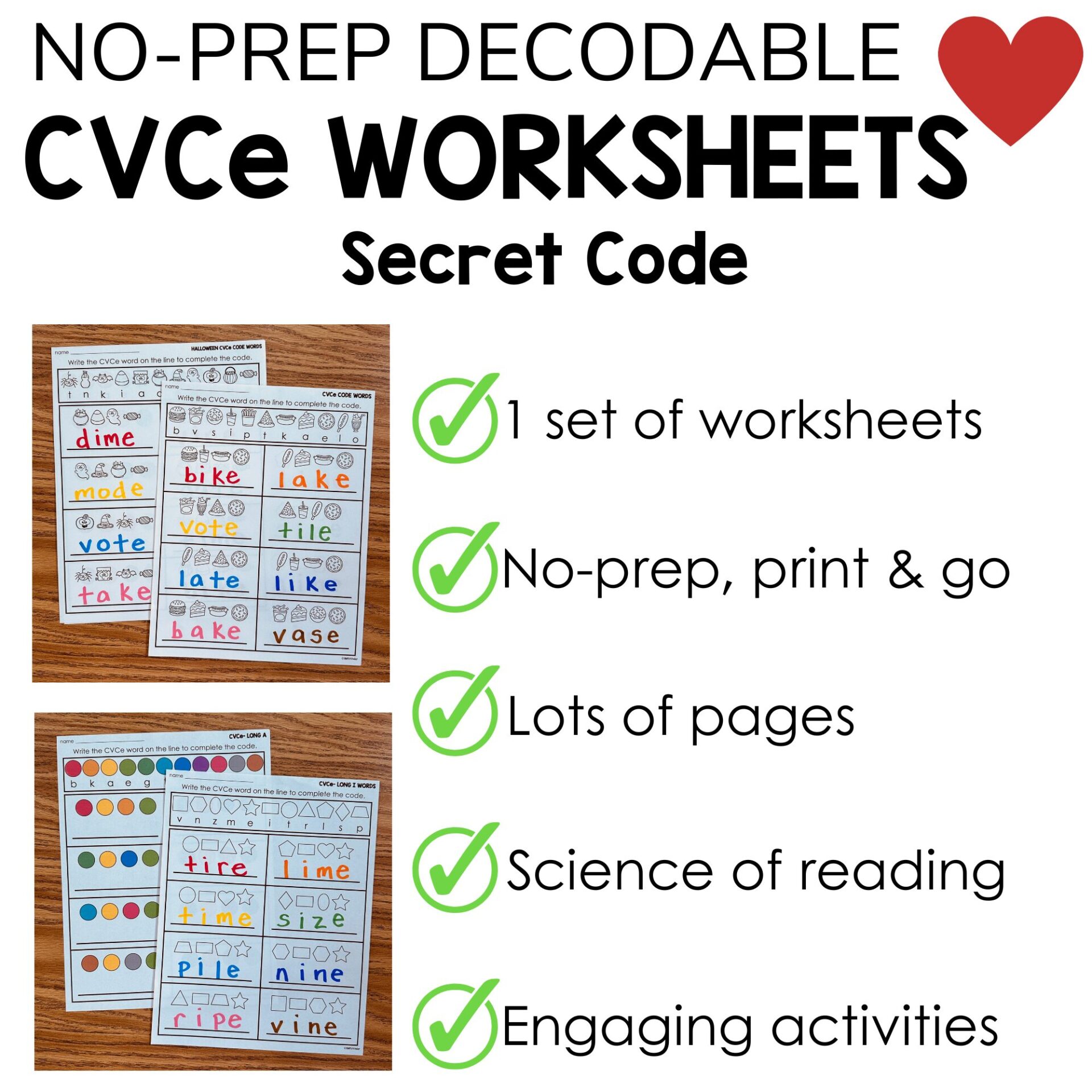 CVCe Words Secret Code No-Prep Blends Worksheets Kindergarten - Simply ...