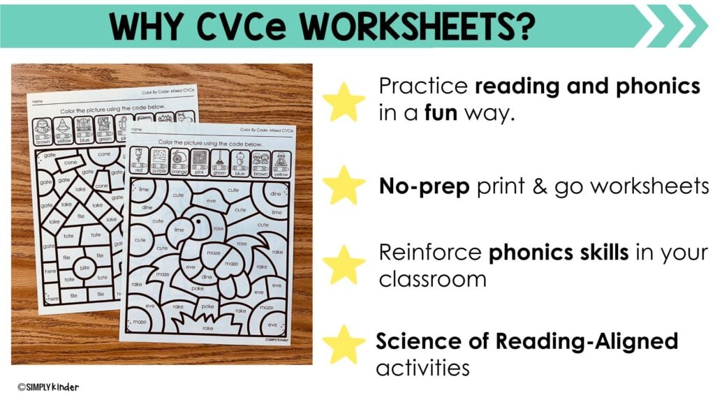 CVCe Words Color by Code No-Prep Blends Worksheets Kindergarten ...