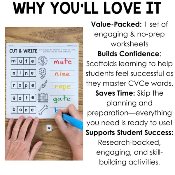 CVCe Words Cut & Write No-Prep Blends Worksheets Kindergarten - Simply ...