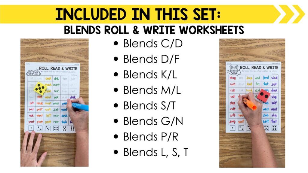 Blend Words Roll & Write No-Prep Blends Worksheets Kindergarten ...