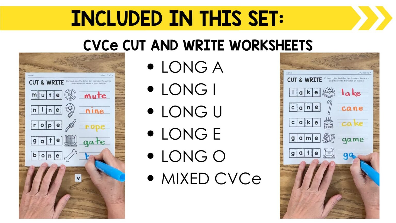 CVCe Words Cut & Write No-Prep Blends Worksheets Kindergarten - Simply ...